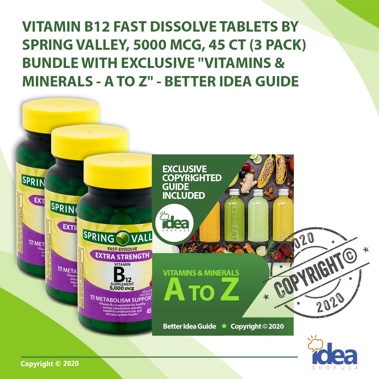 Vitamin B12 Fast Dissolve Tablets by Spring Valley, 5000 mcg, 45 Ct (3 Pack) Bundle with Exclusive Vitamins & Minerals - A to Z - Better Idea Guide (4 Items)