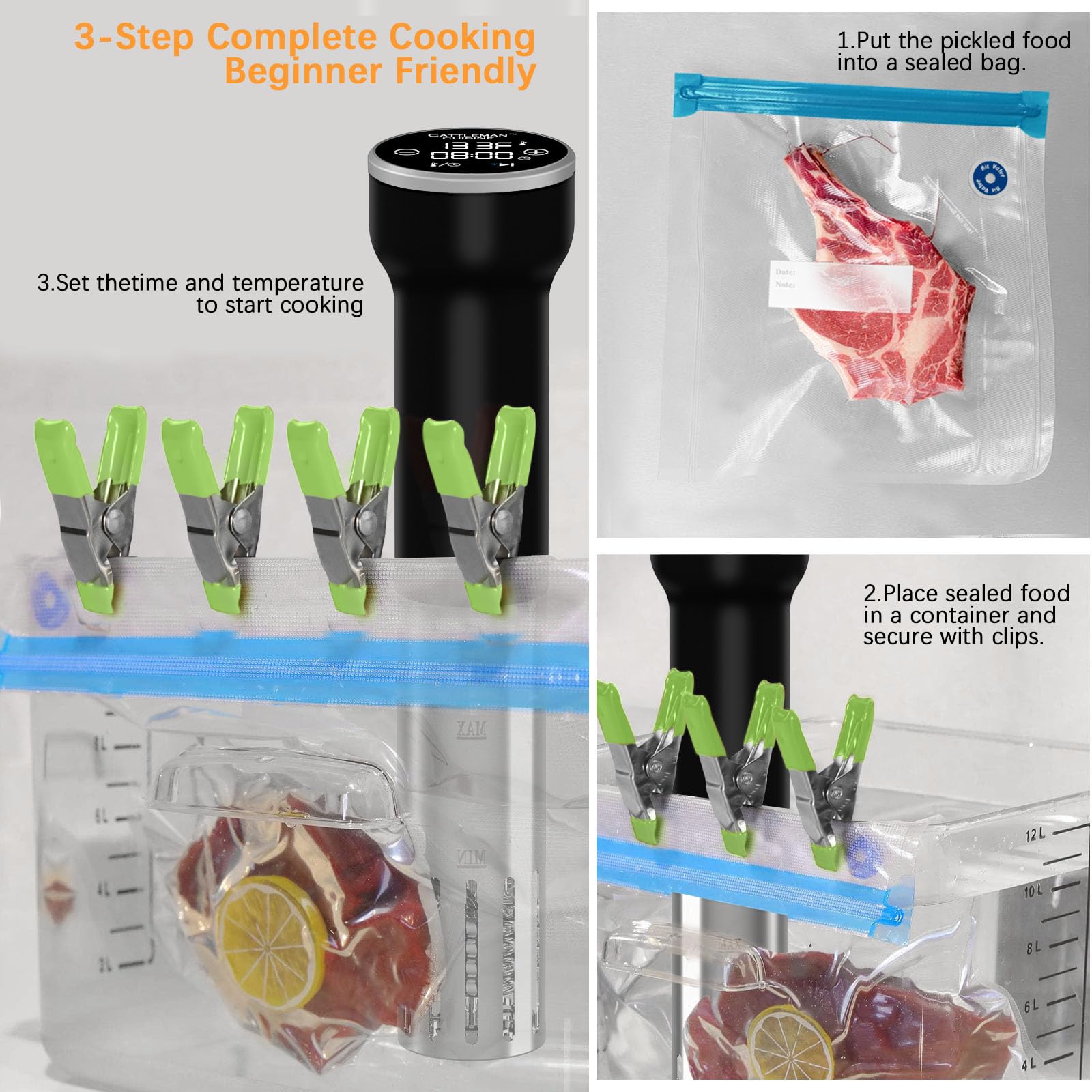 Sous Vide Machine Wi-Fi, Immersion Circulator Precise Cooker, Sous Vide Kit with 30 Vacuum Seal Bags, Vacuum Pump, Cookbook, Accurate Temperature & Timer, 1000W, IPX7 Waterproof, Cattleman Cuisine