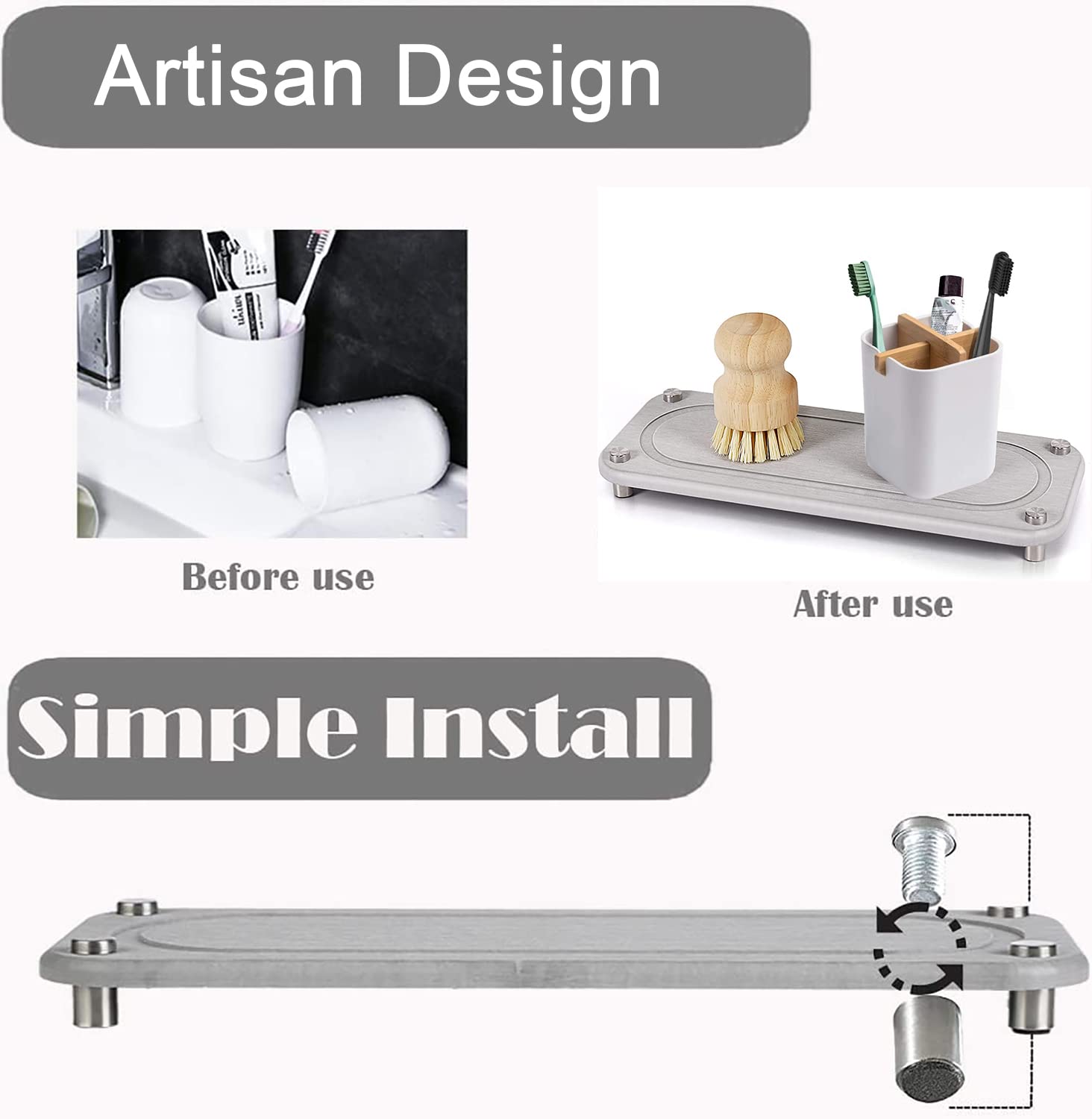 Sink Caddy Kitchen Sink Organizer, Instant Dry Bathroom Sink Organizer for Preventing Moisture Buildup, Diatomaceous Pedestal Stand Riser with Stainless Steel Feet , Sponge Soap Dispenser Holder