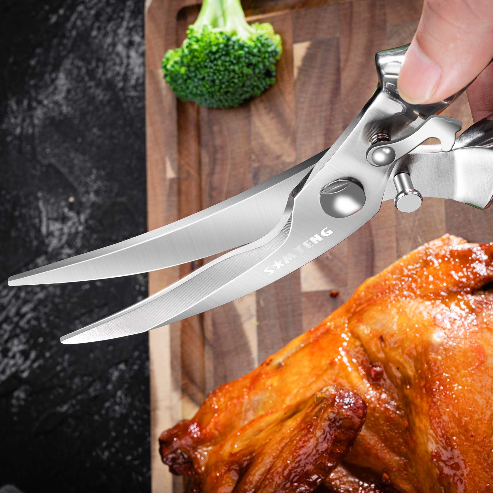 SMTENG sharp Poultry Shears,Good Grips Spring Loaded Poultry Scissors, Heavy Duty Kitchen Shears For Meat, Poultry & More, Multipurpose Kitchen Scissors with Pakka wood ox horn handle