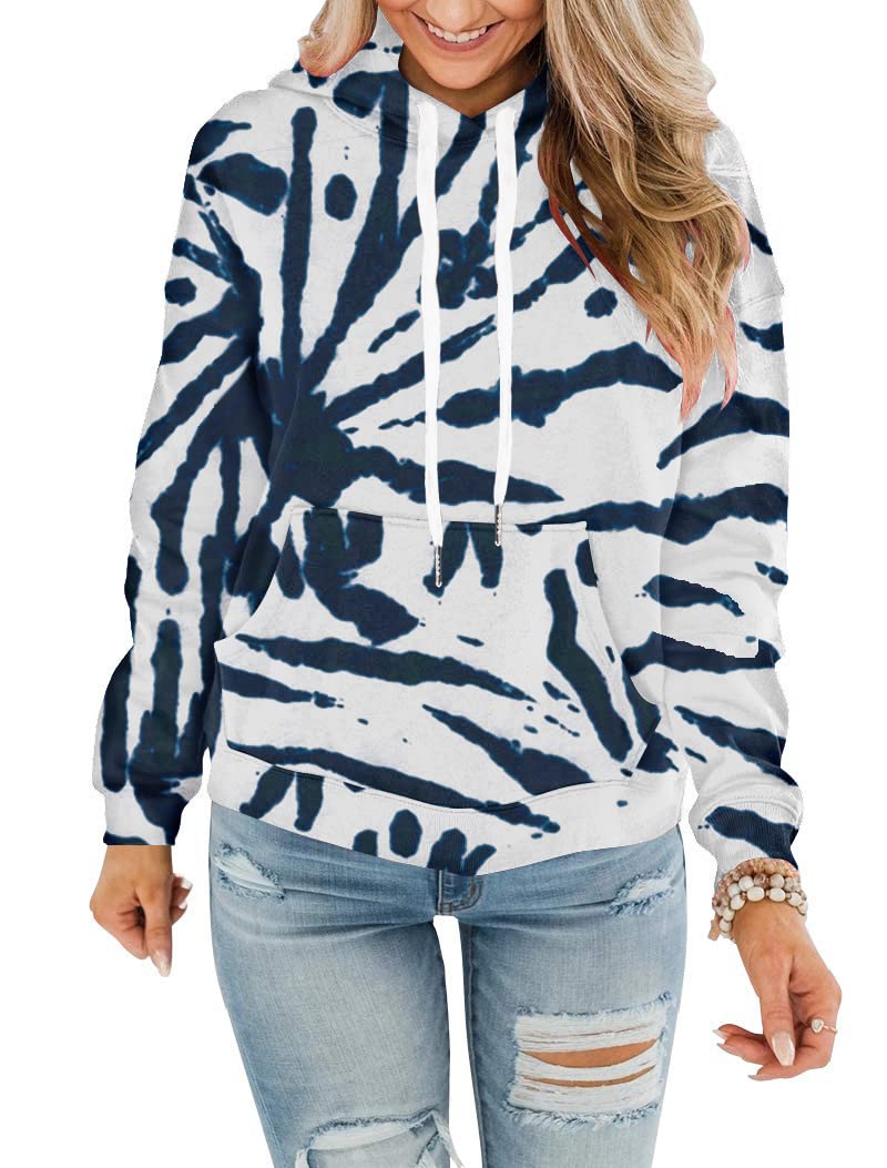 REVETRO Womens Tie Dye Sweatshirt Hooded Pocket Pullover Hoodies Long Sleeve Tunic Tops Navy Blue Large