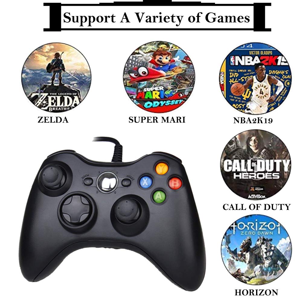 Reiso Xbox 360 Controller, 7.2 ft USB Wired Controller Gamepad Compatible with Microsoft Xbox 360 & Slim 360 PC Windows (Black and Black)