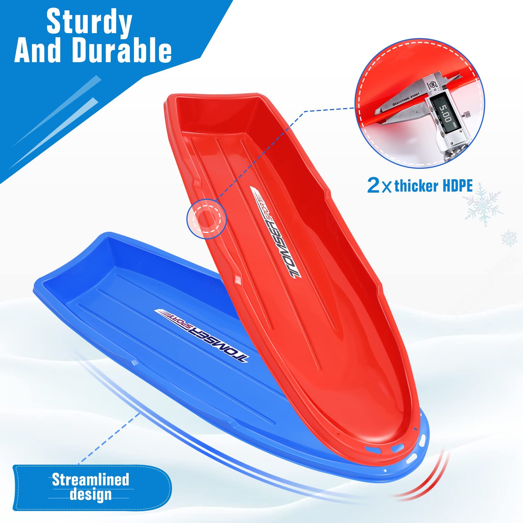 Snow Sled 2 Pack - 48“ Plus Size Toboggan 2 Person Sled for Kids and Adult Lightning Saucer Sleds for Winter Sledding Durable Plastic Snow Scooter Winter Outdoor Grass Dune Game