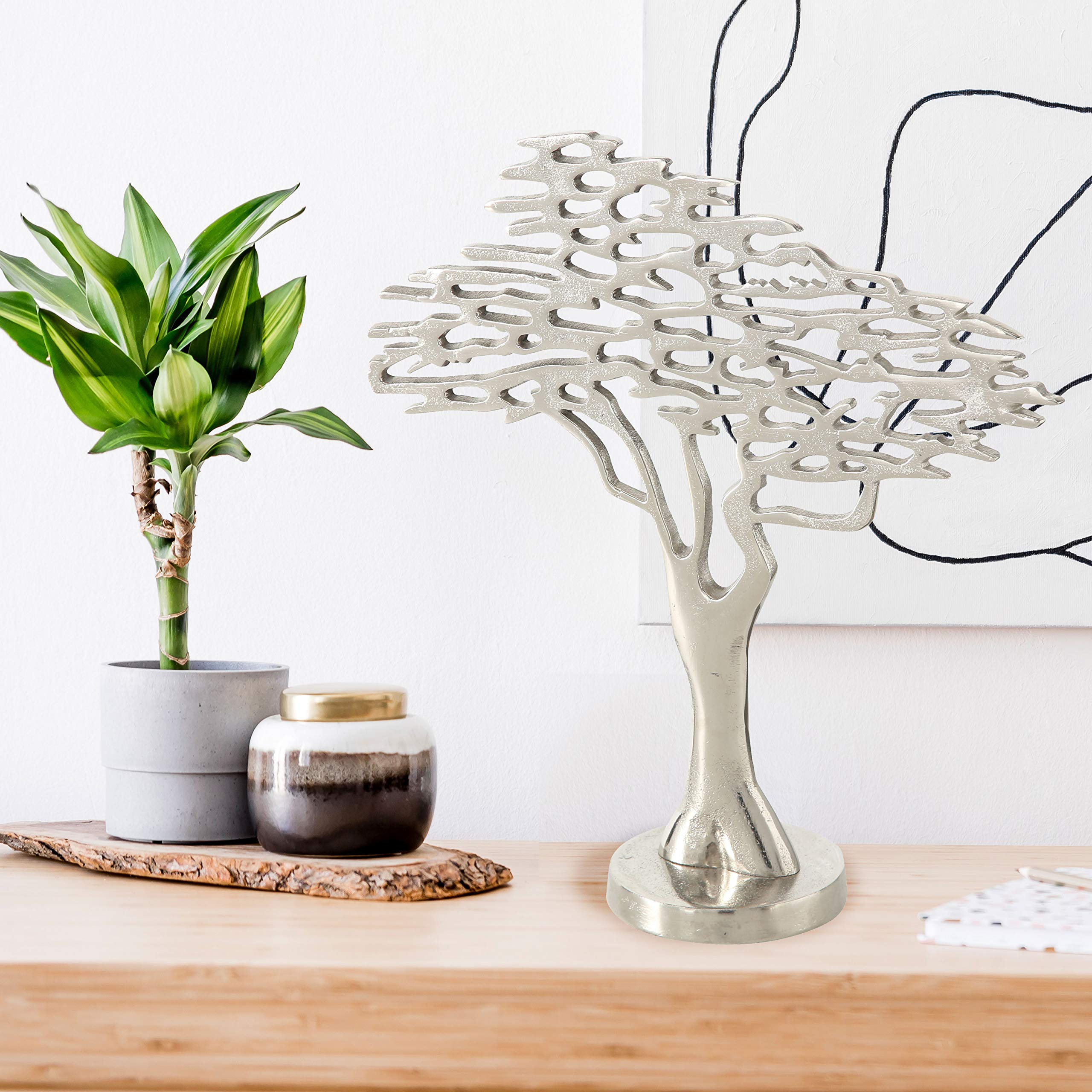 Savannah Tree of Life Table Top Metal Figurine, Made by Hand, Silver Aluminium, Atelier Sculpture Studio, Trunk, Abstract Leaf and Branch Details, Circular Base, 11.75 L x 4 W x 13 H inches (33 cm)