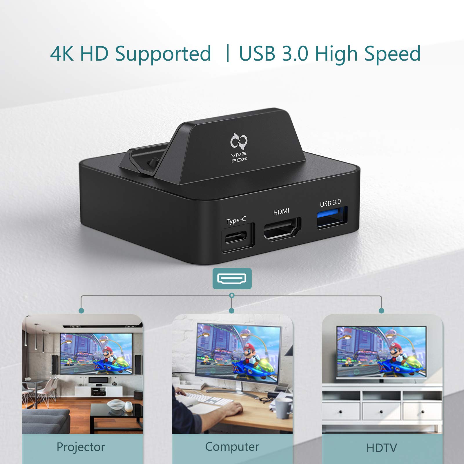Vivefox Switch TV Dock, Vivefox Aluminum Portable Switch Docking Station HDMI TV Adapter Switch Charging Dock Replacement Compatible with Nintendo Switch Charge and Play Kit