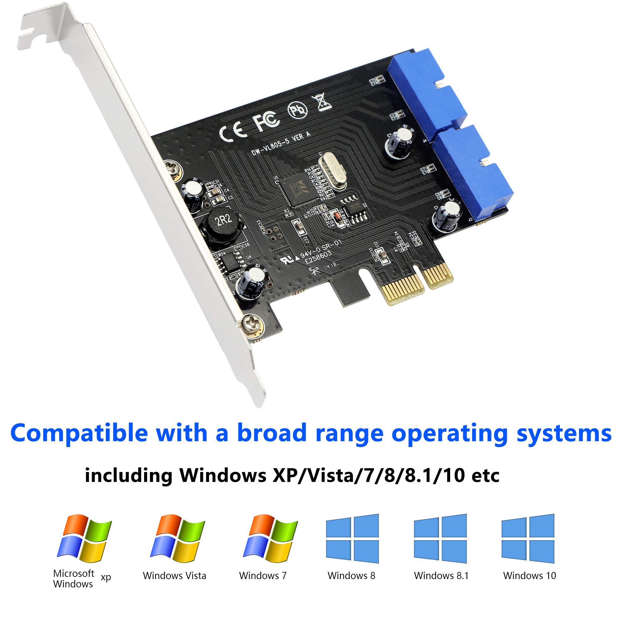 SinLoon PCI Express to Dual 19 Pin USB 3.0 Card PCI-e to Internal 20Pin Male Ports Adapter for PC (19 Pin)