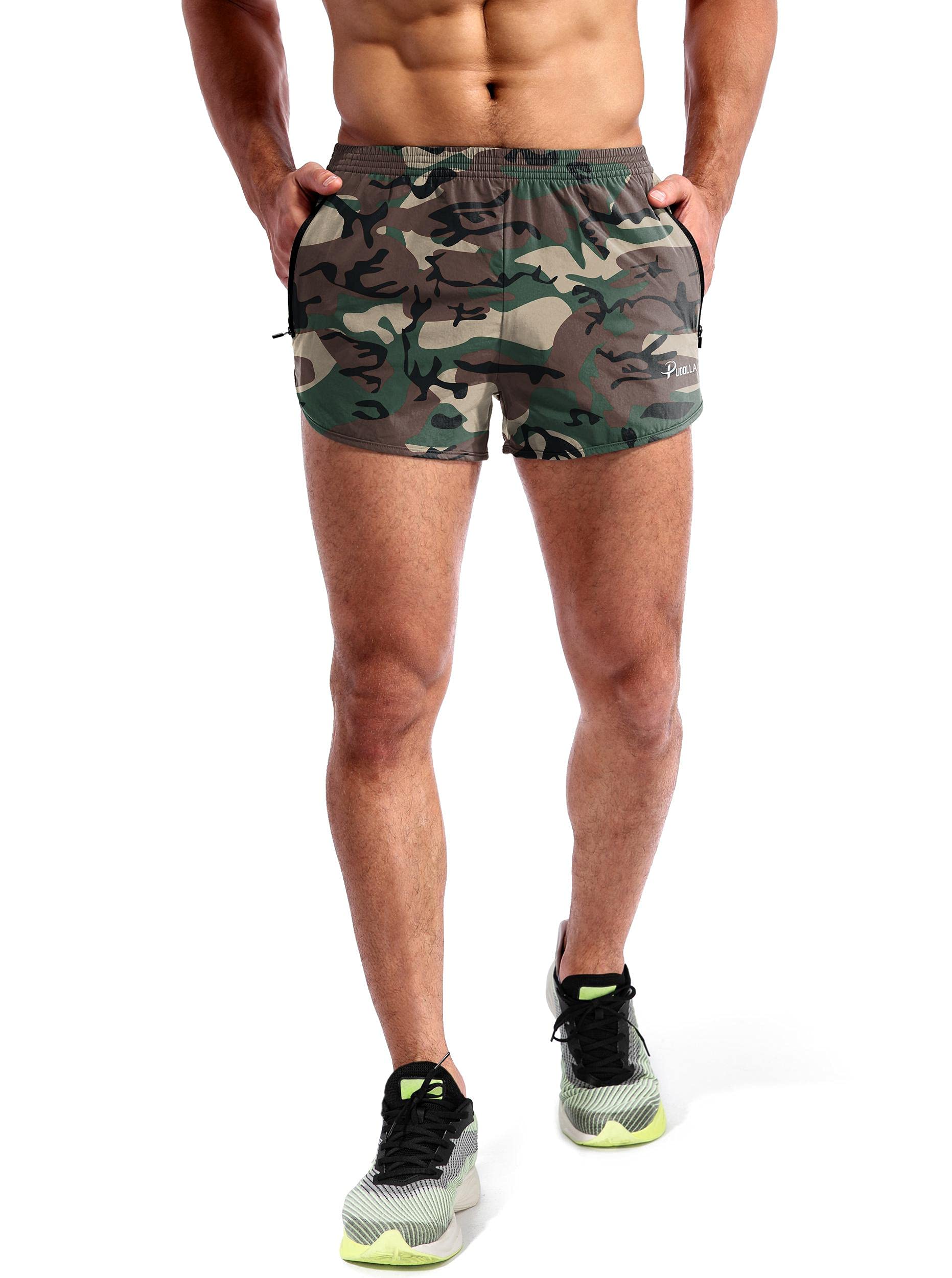 Pudolla Men’s Running Shorts 3 Inch Quick Dry Gym Athletic Workout Shorts for Men with Zipper Pockets(Camo Green Medium)