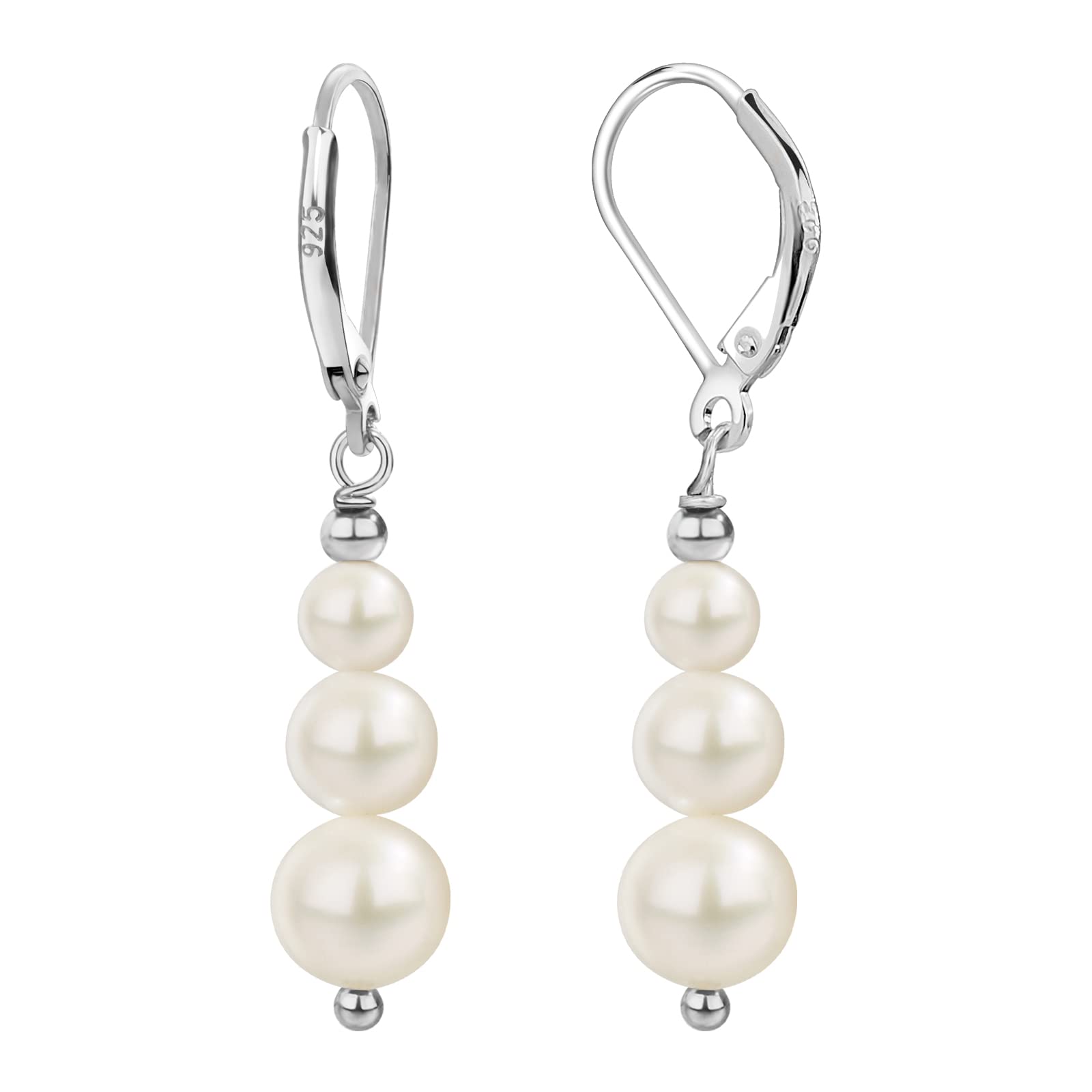 Sterling Silver Freshwater Cultured Pearl Drop Earrings Size 4-8mm Dangle Leverback Earring for Women (Rhodium plated)