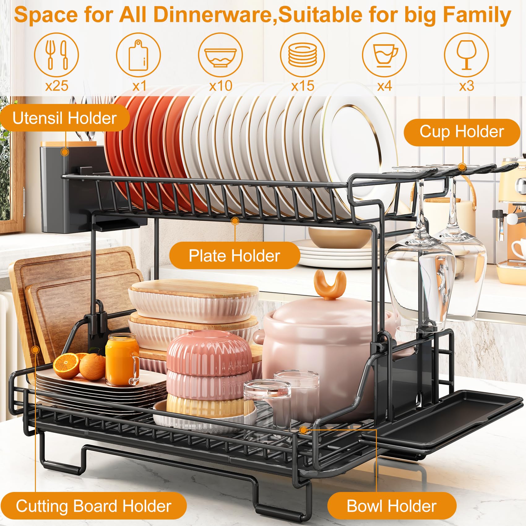 Ourackey Dish Drying Rack, 2 Tier Dish Rack, Large Dish Racks for Kitchen Counter, Anti-Rust Multifunctional Dish Drainer with Cutlery, Drain Board & Cup Holder, Black
