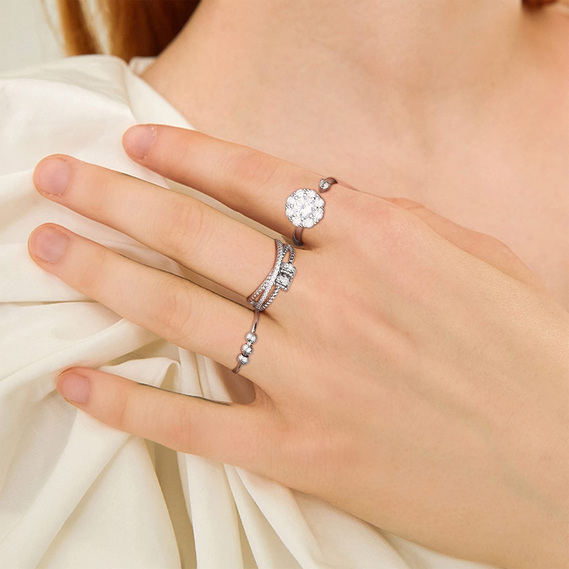 SAILIMUE 8Pcs Fidget Anxiety Rings for Women Fidget Rings for Anxiety Adjustable Open Fidget Ring Set with Box Cubic Zirconia Flower Beads Rotatable Worry Ring Anxiety Stress Relief Ring