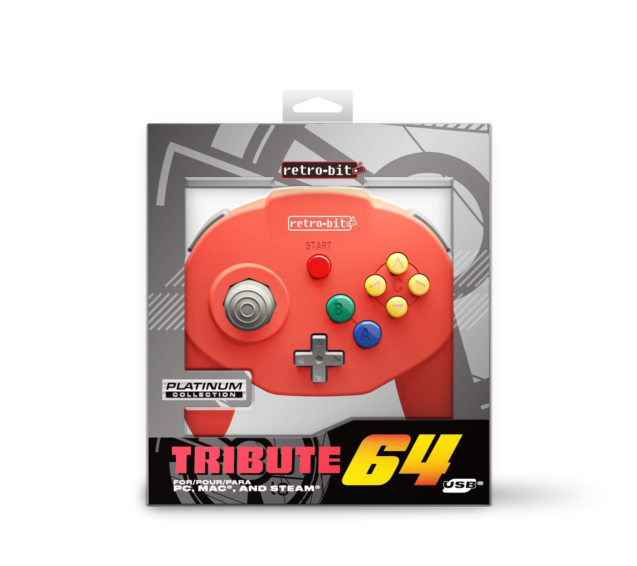 Retro-Bit Tribute 64 USB Controller for PC, Switch, Mac, Steam, RetroPie, Raspberry Pi - USB Port - (Red)