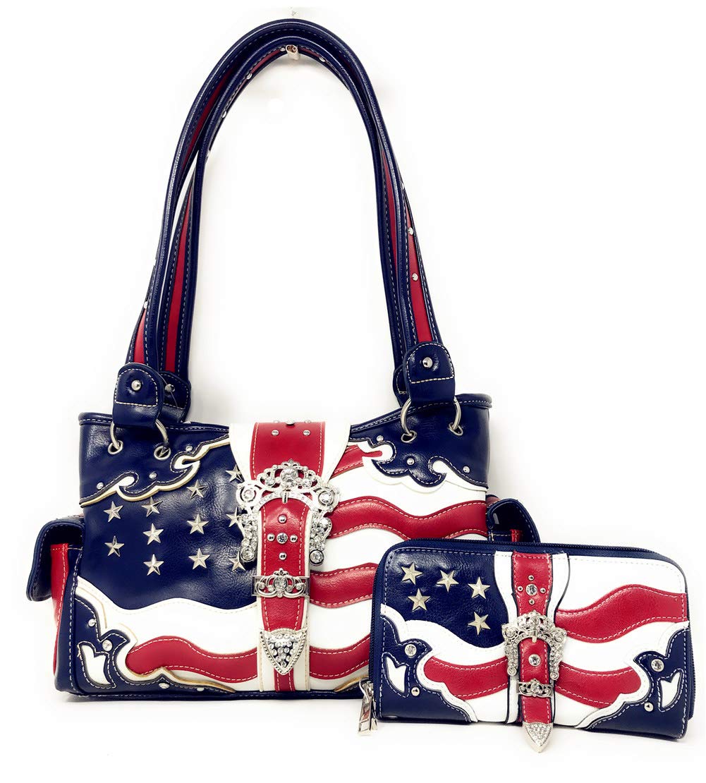 Texas West American Flag Rhinestone Women's Concealed Handbags Purse Wallet Set in Multi-Color (Backpack Set with Wallet)