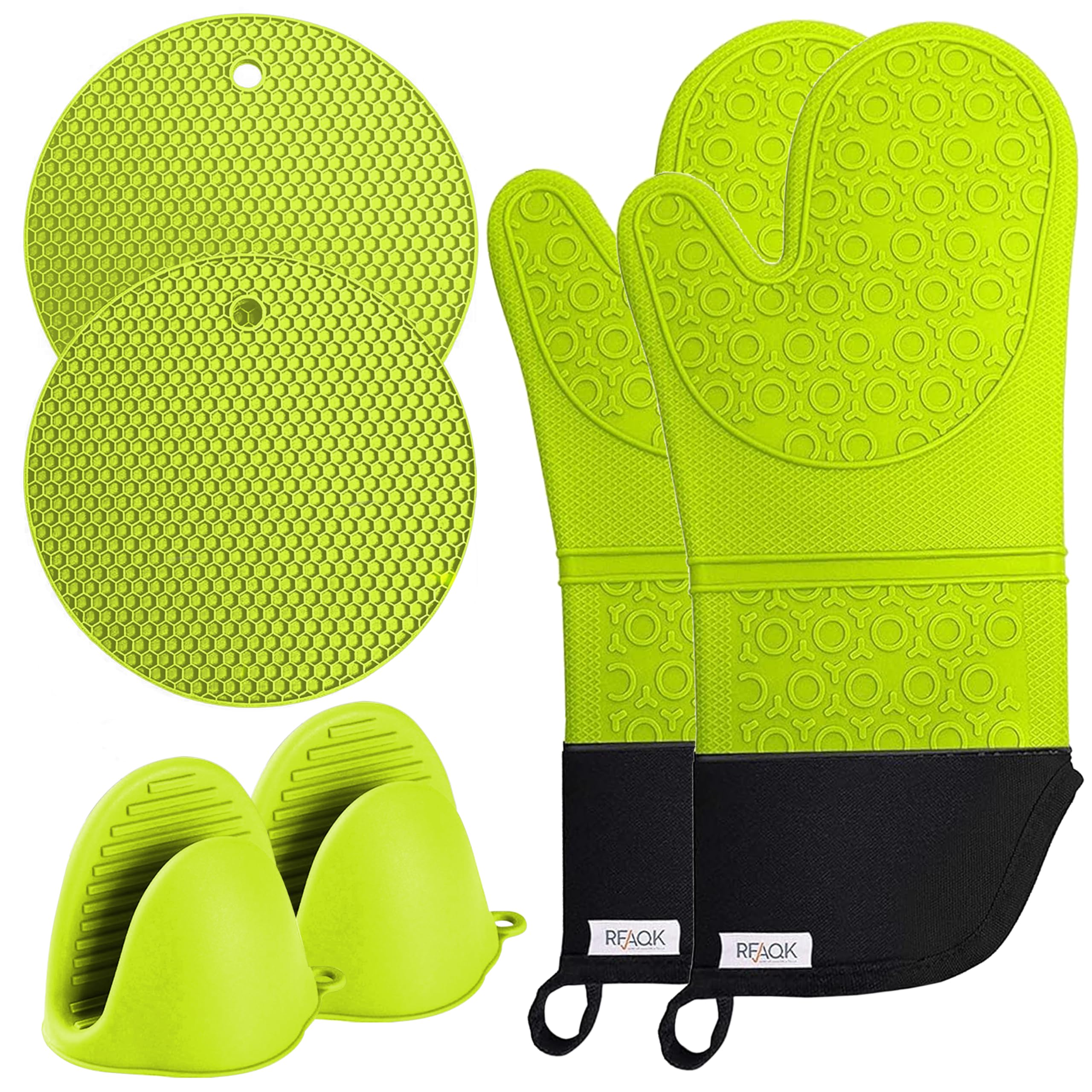 RFAQK Oven Mitts and Pot Holders Sets- Extra Long Silicone Oven Mitts, Oven Mitts Heat Resistant with Quilted Soft Liner and Mini Oven Mittens Sets for Kitchen, Baking, Grill and BBQ-Green (Pack of 6)