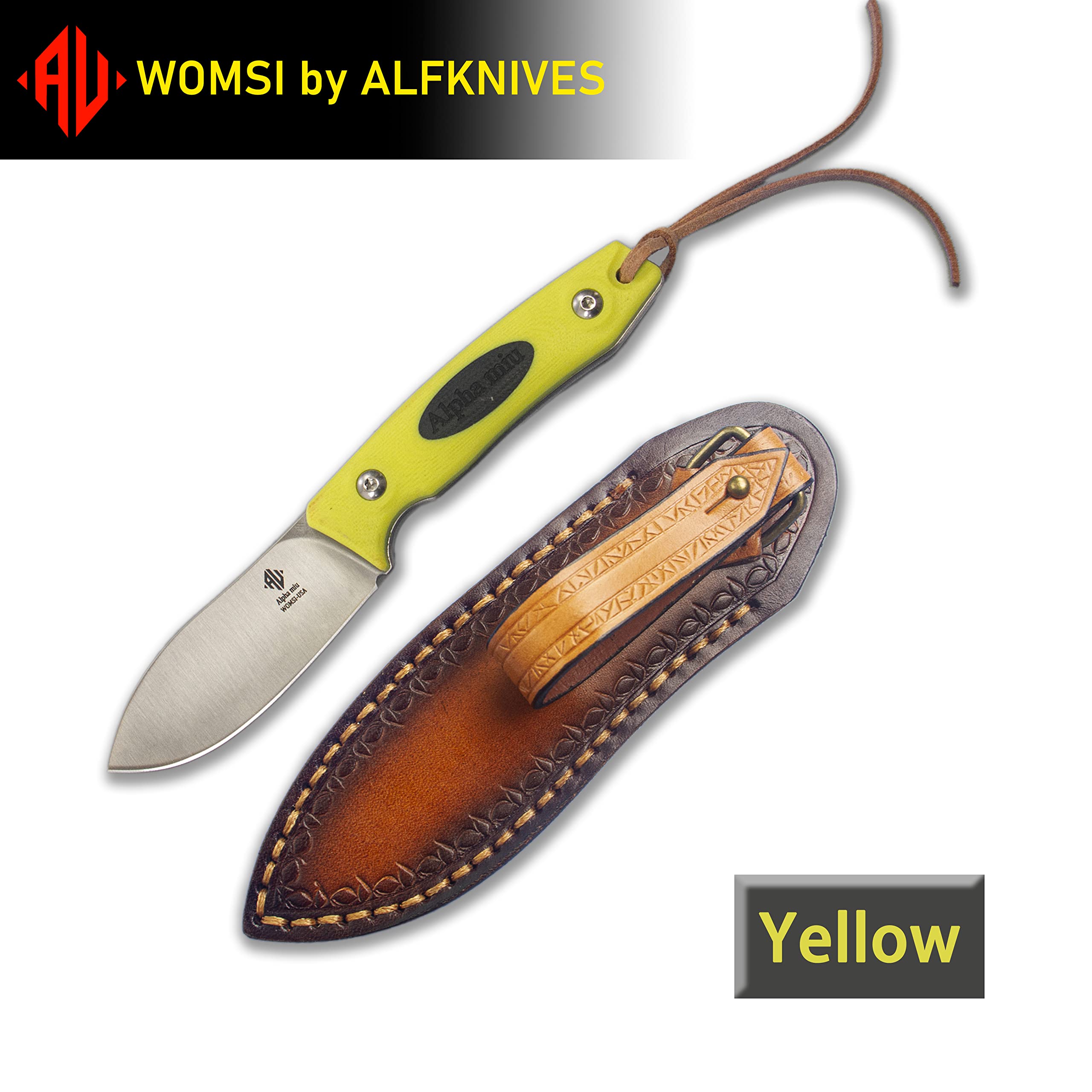 WOMSI Hunting Knife,Full Tang 6.57",DPS15-S Power Steel Blade,Sonorous&durable G10 Handle with Leather Sheath(Yellow)