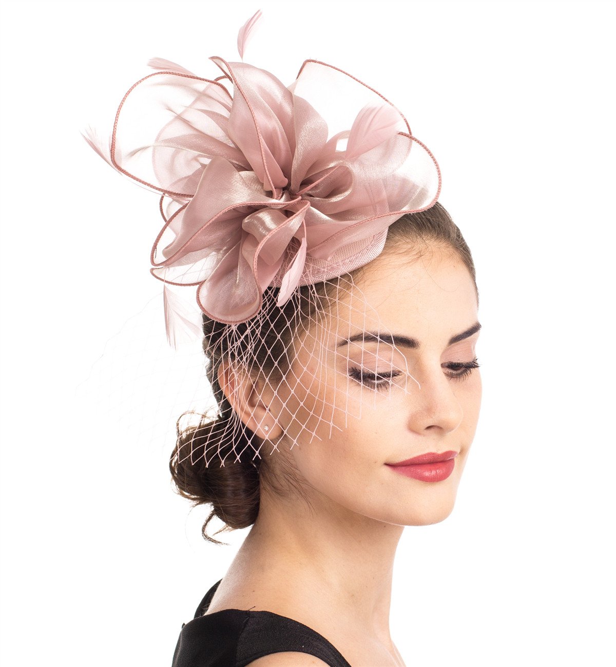 SAFERIN Fascinator for Women Hair Clip Hat Bowler Feather Flower Veil Wedding Party Hat Tea Hat(TA2-Pink)