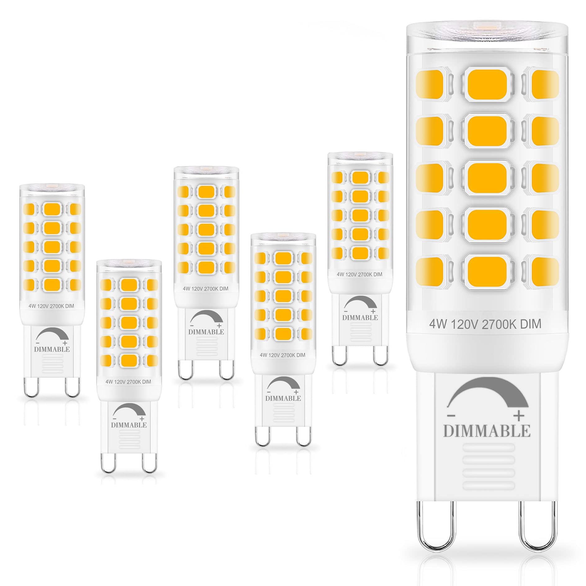 Sailstar G9 LED Bulb Dimmable 2700K Soft Warm White 6 Pack, T4 G9 4W Replacement for 40 Watts Halogen, Ceramic Bi Pin Base, 120V 400 Lumen 360°Beam Angle, G9 Light Bulbs for Chandelier