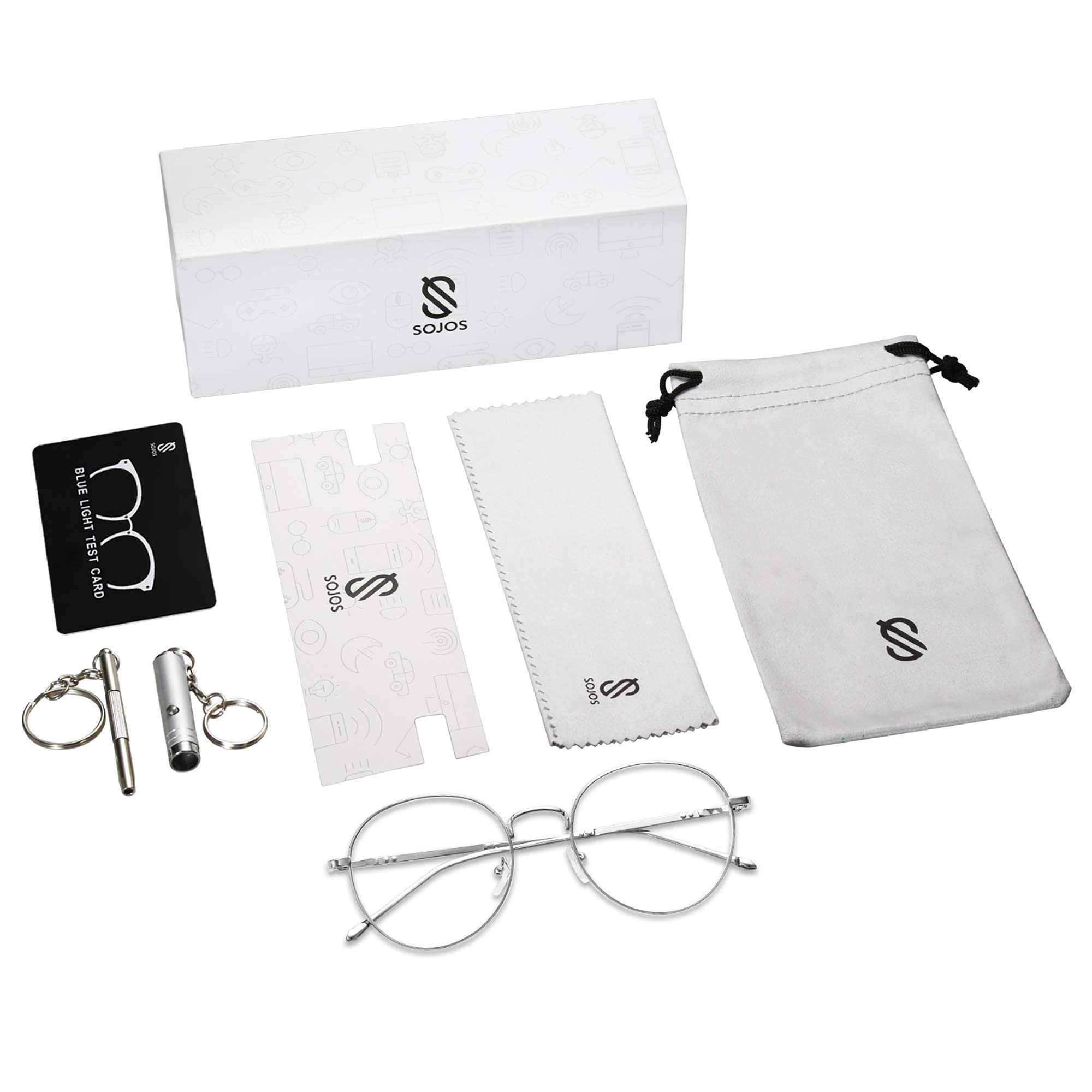 SOJOS Retro Round Anti Blue Ray Light Blocking Computer Game Glasses Eyeglasses GLORY SJ5039 with Silver Frame/Anti-Blue Light Lens