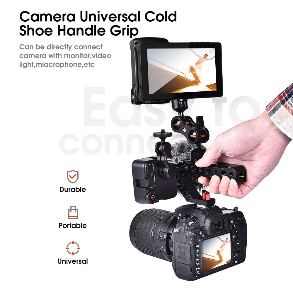 UTEBIT Camera Top Handle with 1/4" 3/8" Screw Thread, Universal Camera Hot Shoe Top Handle Grip with 3 Cold Shoe Adapters to Mount DSLR Camera with Microphone/LED Light/Monitor/Phone/Magic Arm