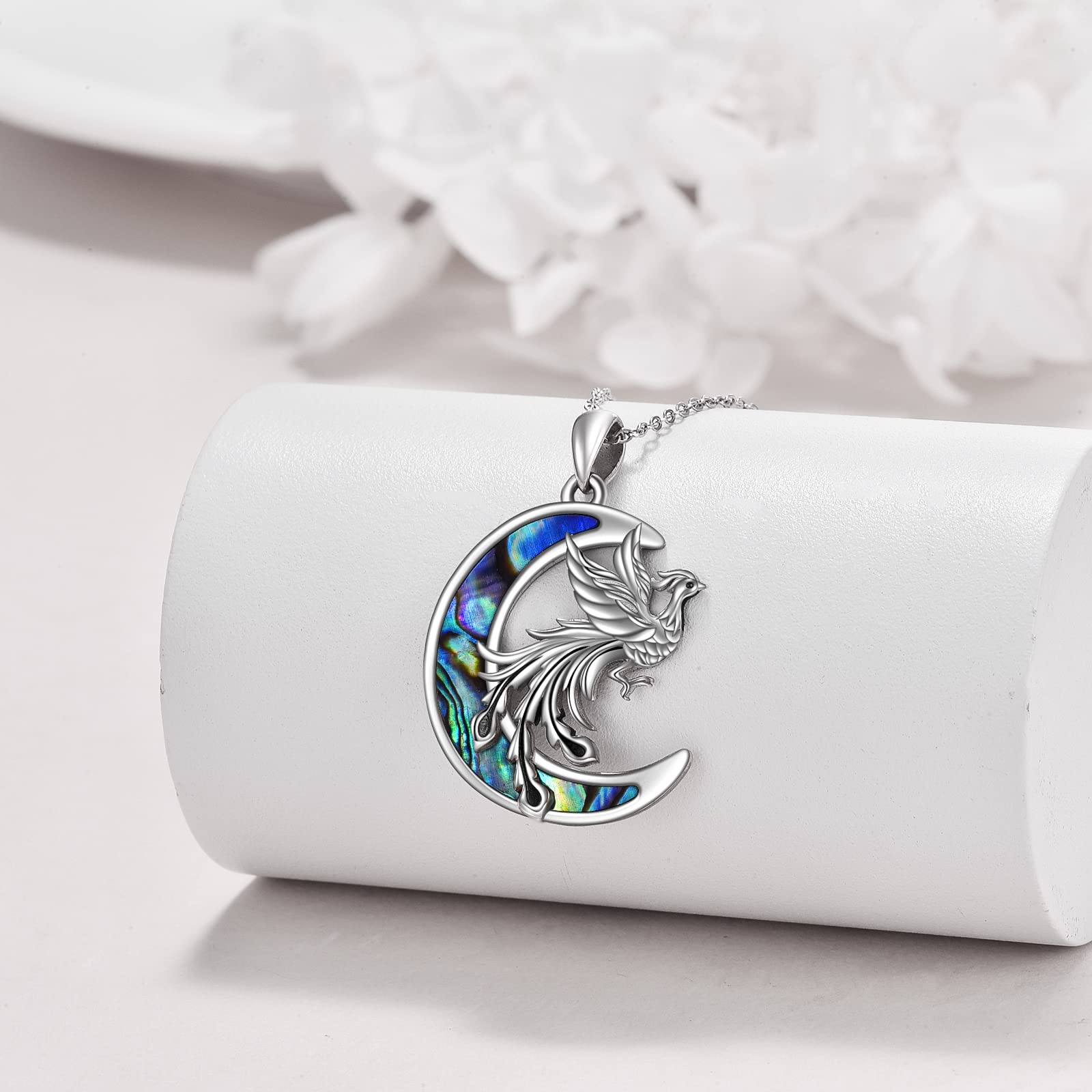 YFN Phoenix Necklace Sterling Silver Abalone Shell Crescent Moon Phoenix Pendant Necklace Nirvana of Phoenix Jewelry for Women