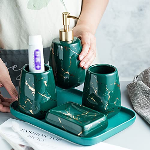 Soap Dispenser Ceramic Marble Pattern 5-Piece Soap Dispenser Household Bathroom Mouthwash Cup/soap Dish/Tray/Lotion Bottle Bathroom Toiletries Set Bathroom Soap Dispenser (Color : White) (Blue b)