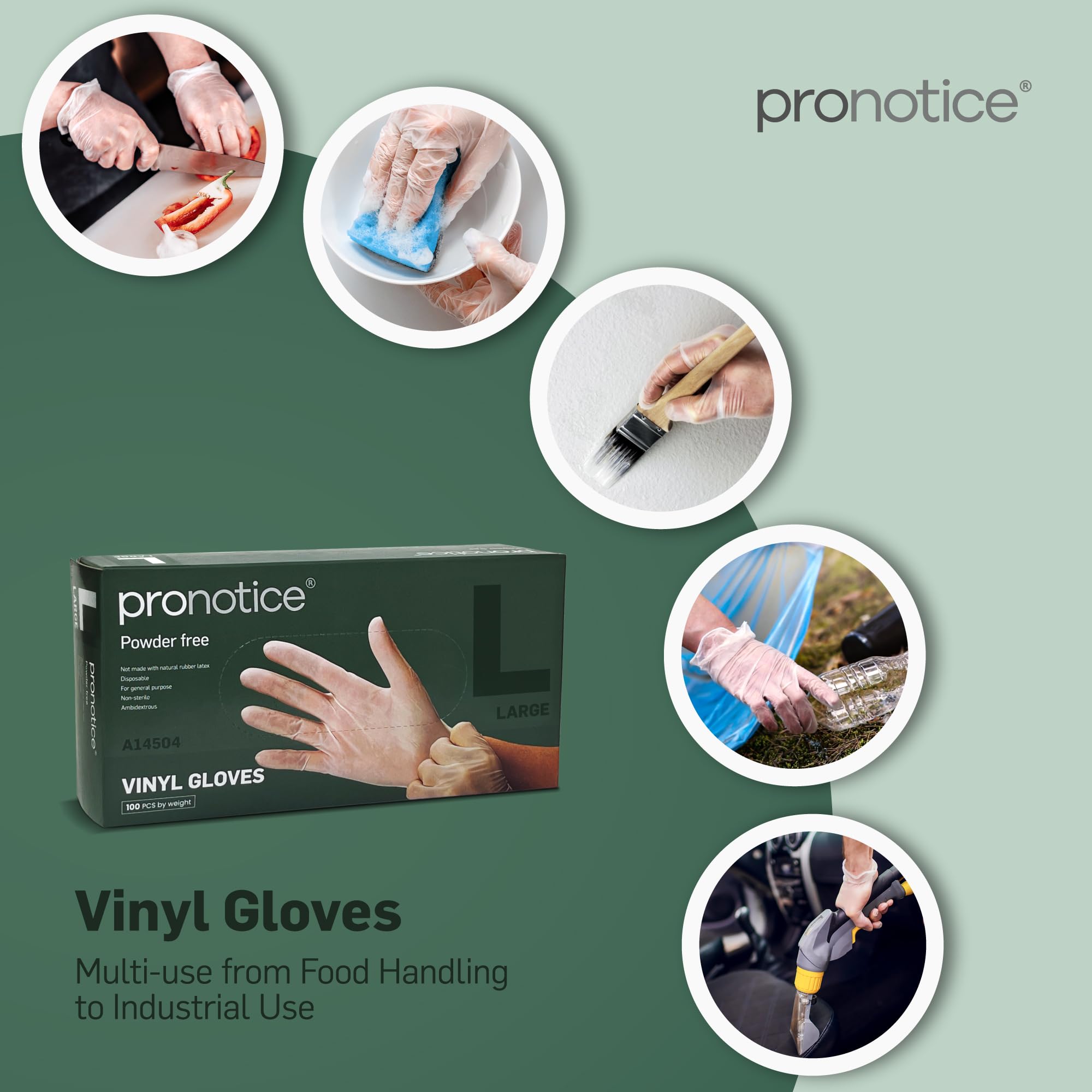 Pronotice Disposable Vinyl Glove, Clear, General Purpose, Powder Free, Food Safe, Cleaning, Latex-Free, Full Case 1000 Gloves (Medium)