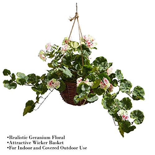 Pure Garden Faux Flowers - Light Pink Geranium Hanging Natural and Lifelike Floral Arrangement with Basket for Home or Office