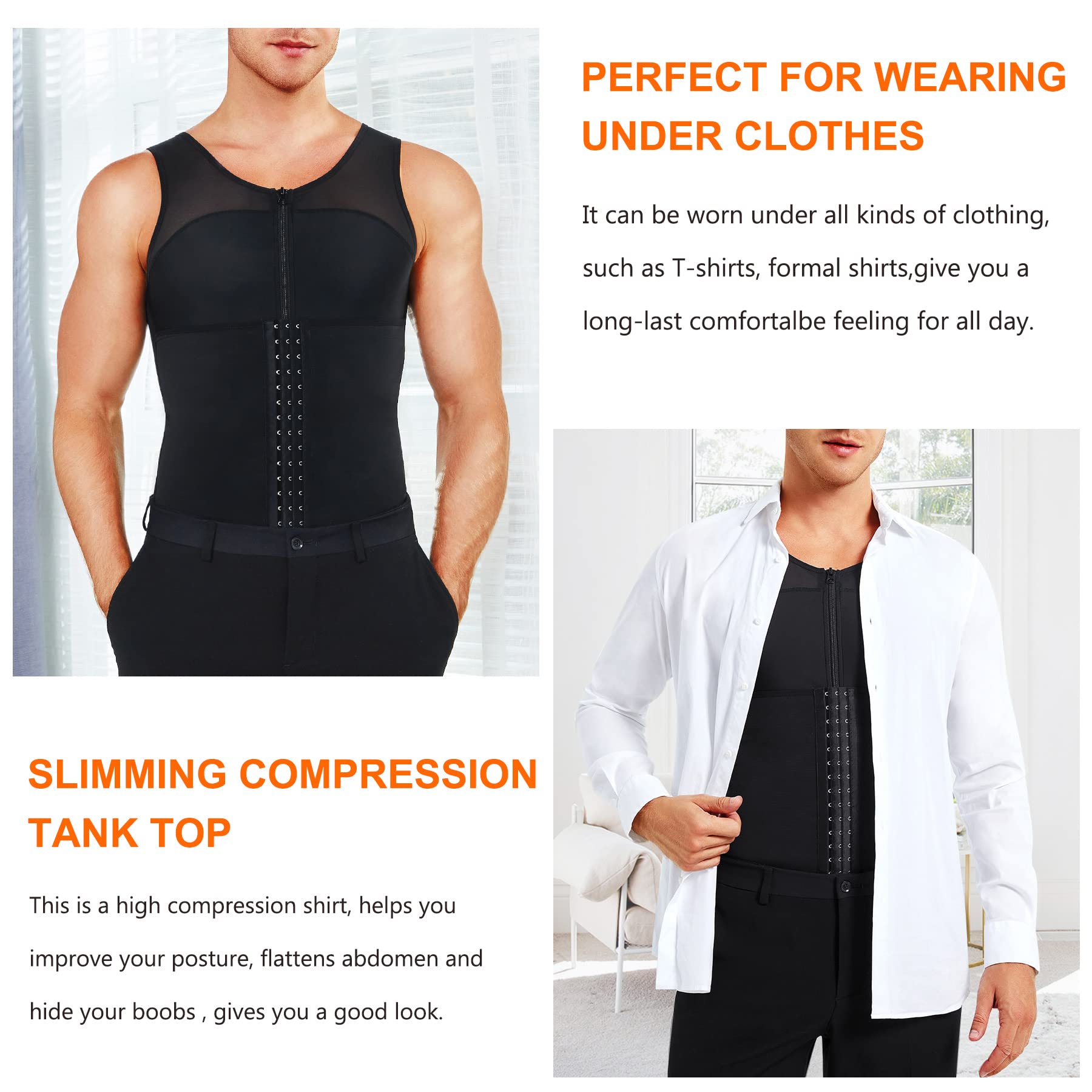 Wonderience Compression Shirts for Men Zipper Slimming Body Shaper Waist Trainer Tank Top Vest with Hooks(Black,Small)