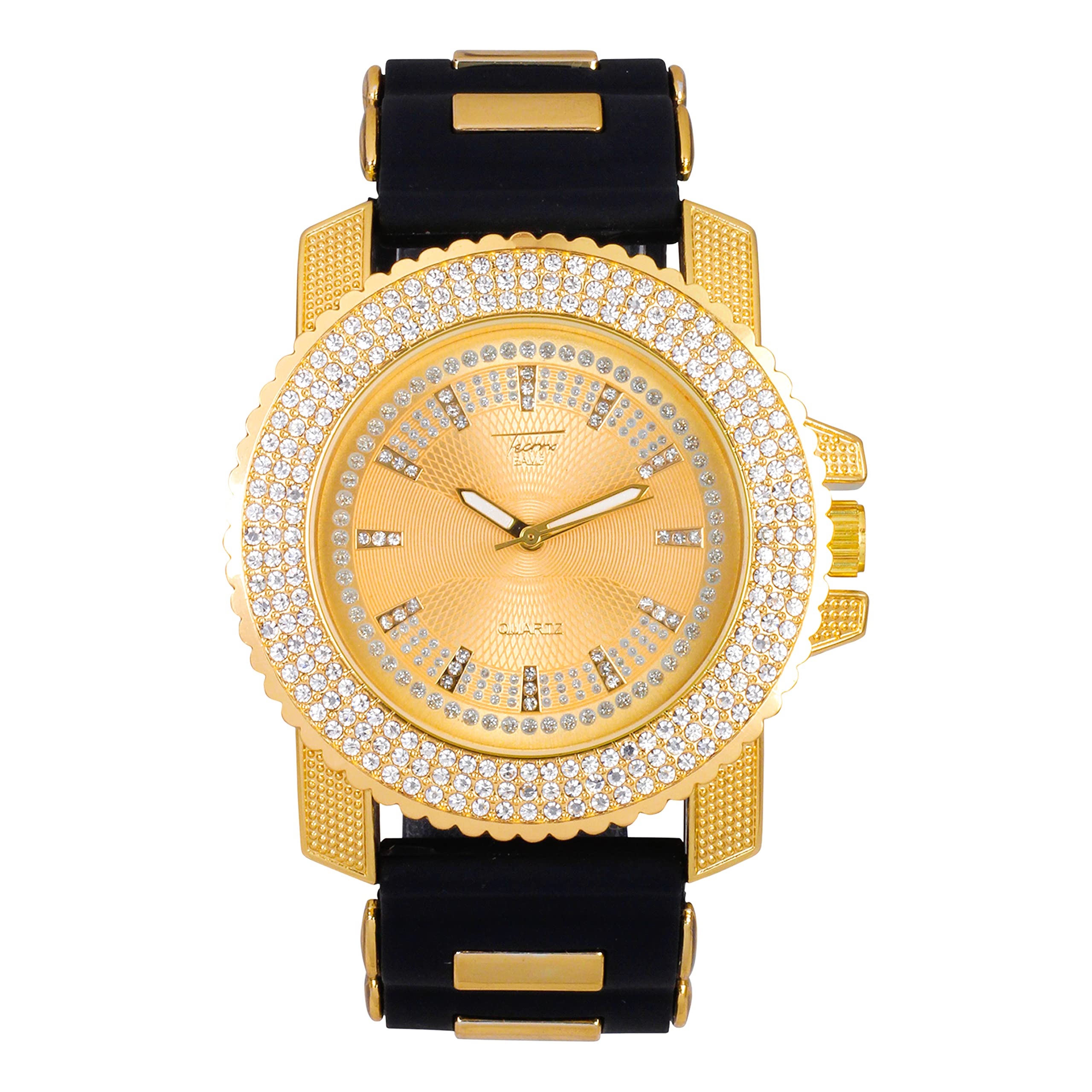 Techno Pave Men's 46mm Iced Diamond Watch, Silicone Band - Silver Black Dial