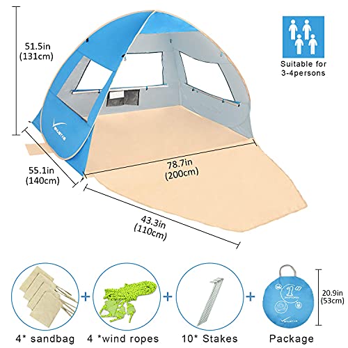 Venustas Beach Tent, Pop Up Beach Tent, Pop Up Beach Shade with UPF 50+, Portable Sun Shade Pop Up Tent, Light Weight Pop Up Beach Shade for 3-4 People