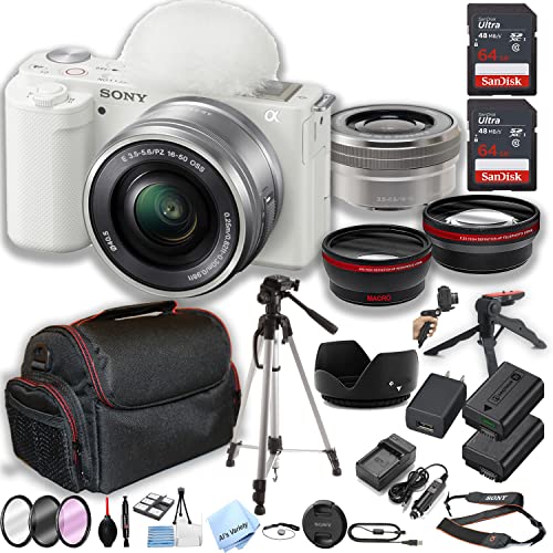 Sony ZV-E10 (White) Mirrorless Camera with 16-50mm Lens 2pcs 64GB Memory + Case+ Tripod + Steady Grip Pod + Filters + Macro + 2X Lens + 2X Batteries + More (34pc Bundle)