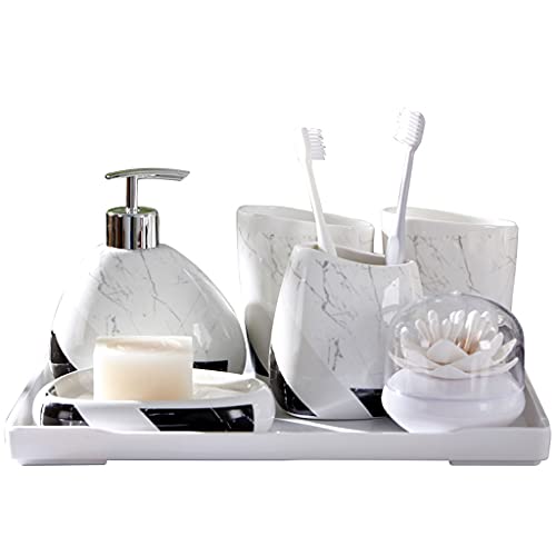 Soap Dispenser Nordic Marble Pattern Ceramic Bathroom Accessories Set,7-Piece Bathroom Sets Soap Dispenser Toothbrush Holder Soap Dish Tumblers Swab Box and Tray Bathroom Soap Dispenser