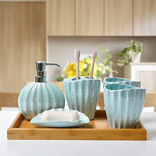 Soap Dispenser Bathroom Accessories Set 6 Piece Countertop Bath Set Includes Soap Dispenser Toothbrush Holder Soap Dish Mouthwash Cups and Tray, Ceramic Bathroom Soap Dispenser ( Color : Bigblue Mug )