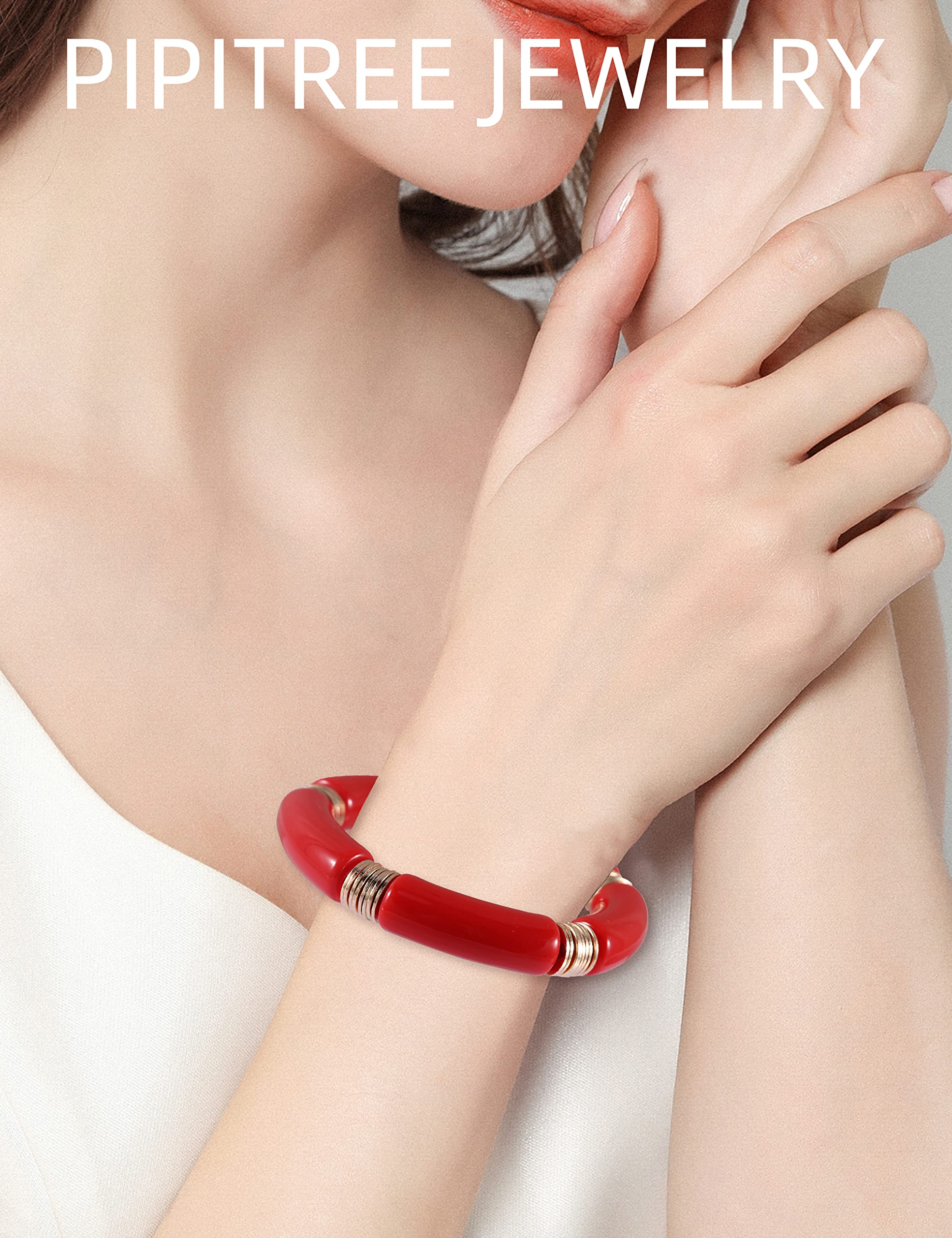 PIPITREE Bamboo Tube Bangles Bracelet For Women ,Chunky Curved Stacking Clear Acrylic Colorful Beads Stretchable Gold Bracelets Friendship Summer Beach Jewelry