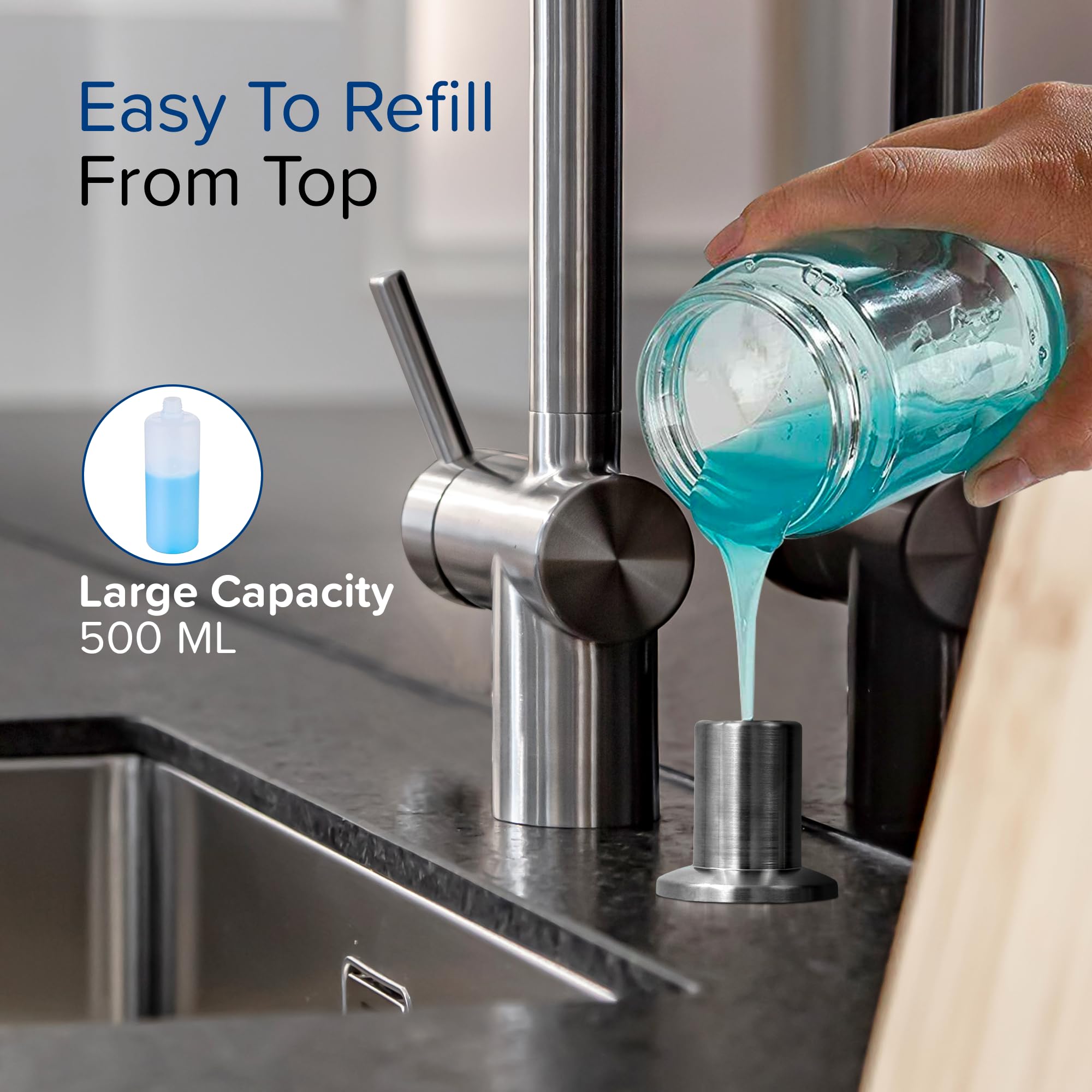 Soap Dispenser for Kitchen Sink with Large 500 ml (17 oz) Bottle, Stainless Steel Kitchen Sink Soap Dispenser Pump - Refill from top, Brushed Nickel Built in Counter soap Dispenser, Rust Resistant