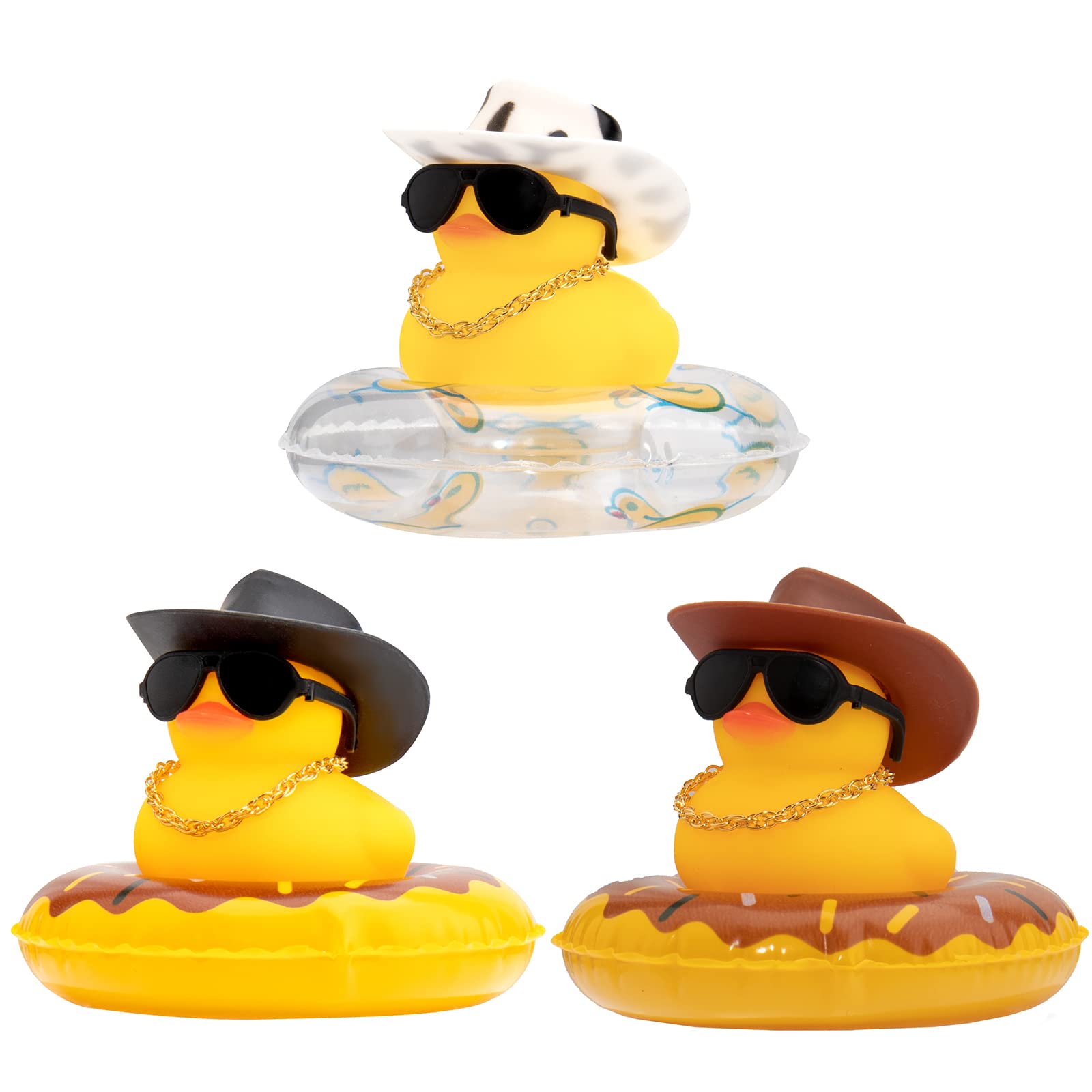 wonuu Rubber Duck Car Ornaments 3Pcs Yellow Duck Car Dashboard Decorations with Mini Hat Swim Ring Necklace Sunglasses, Blue&Blue&Blue Hat