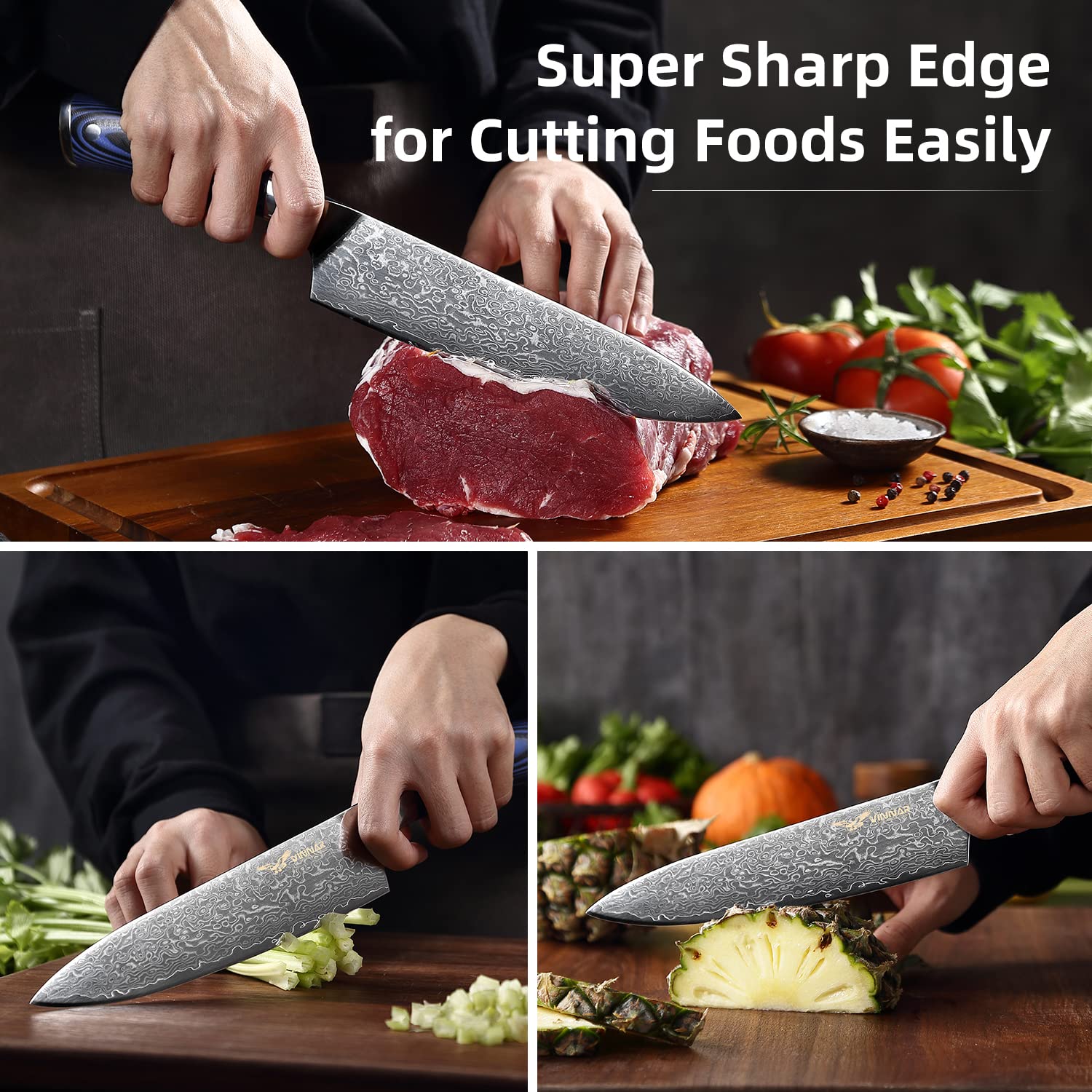 VINNAR Damascus Chef Knife, Japanese VG-10 Super Sharp 8 inch Professional Kitchen Knives, Ergonomic Blue G10 Handle,Sharpest Cooking Knife Best Choice for Home Kitchen and Restaurant