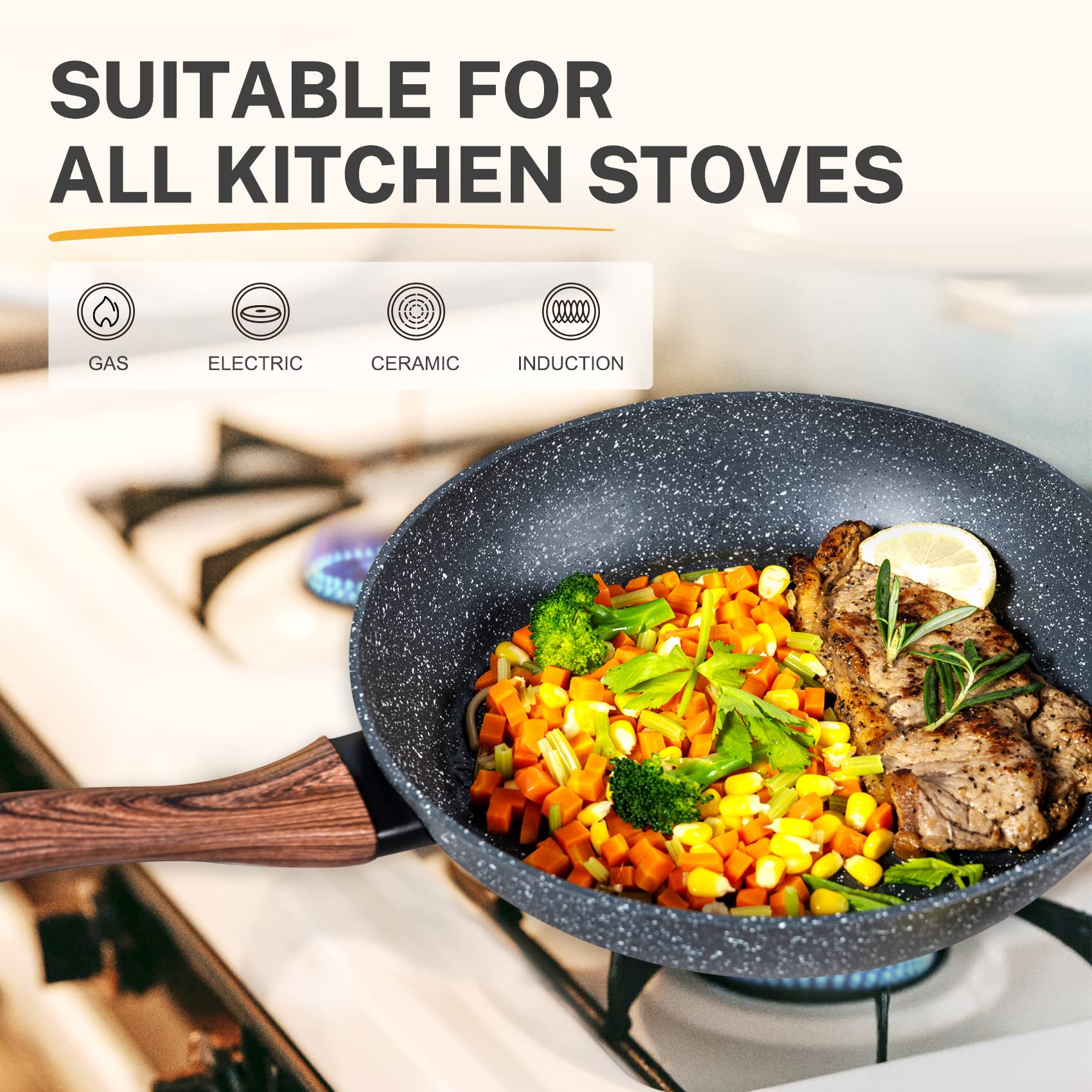 Prikoi Induction Cookware Set, Non Stick Granite Pots and Pans Set for Stove, 8 Pieces,Dishwasher Safe
