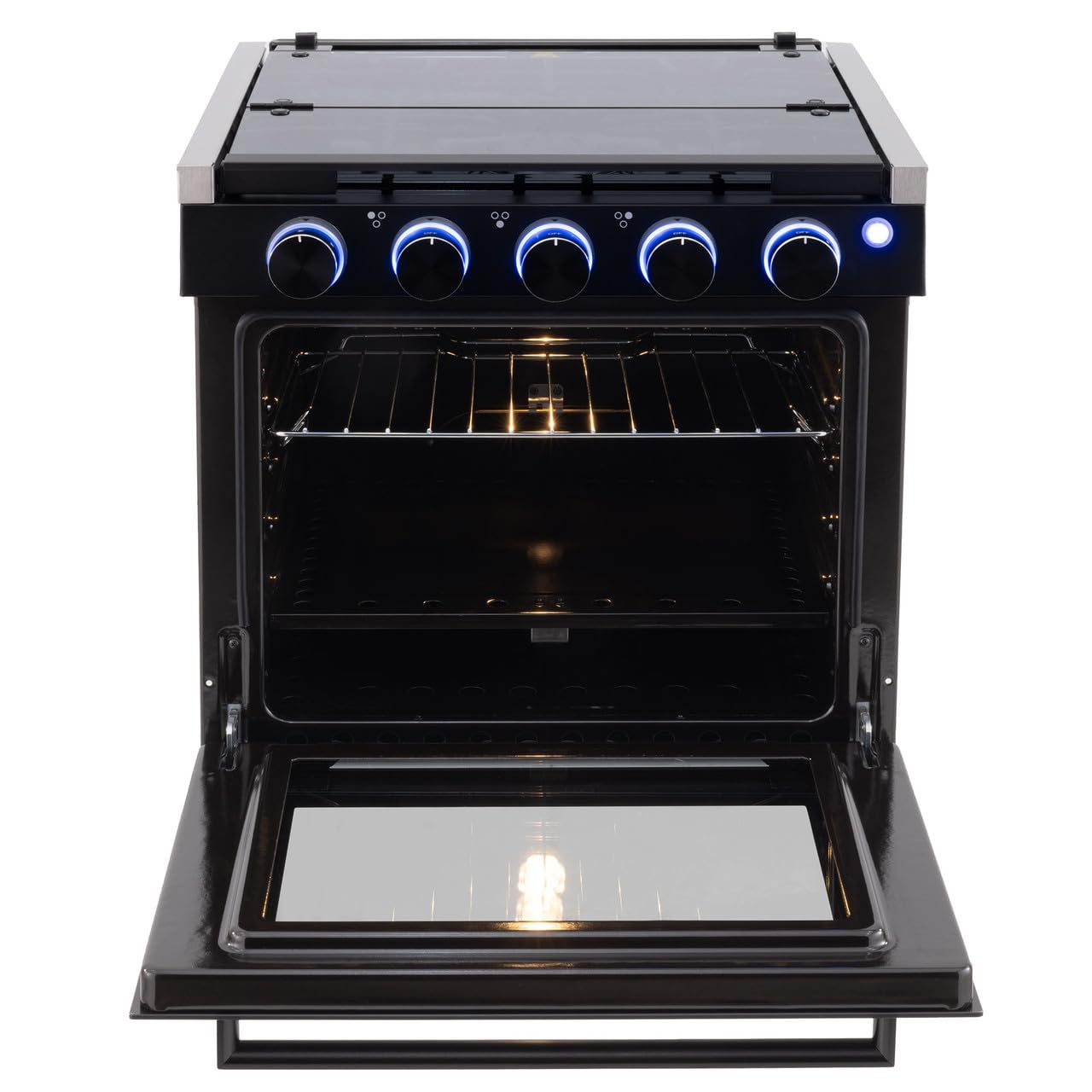 RecPro RV Stove Black Finish | Gas Range 21" Tall | 6500 and 8000 BTU Three Burner | 7100 BTU Oven with 1.8 Cu. Ft. Capacity | Optional Range Hood