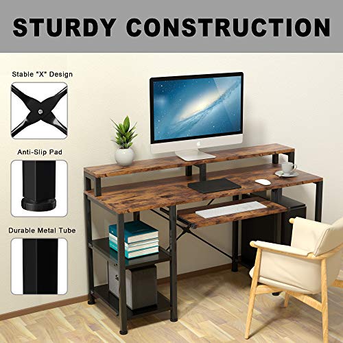 TechLand Industrial Computer Desk with Storage Shelves/Keyboard Tray/Monitor Stand, Modern Study Writing Table Workstation for Home Office