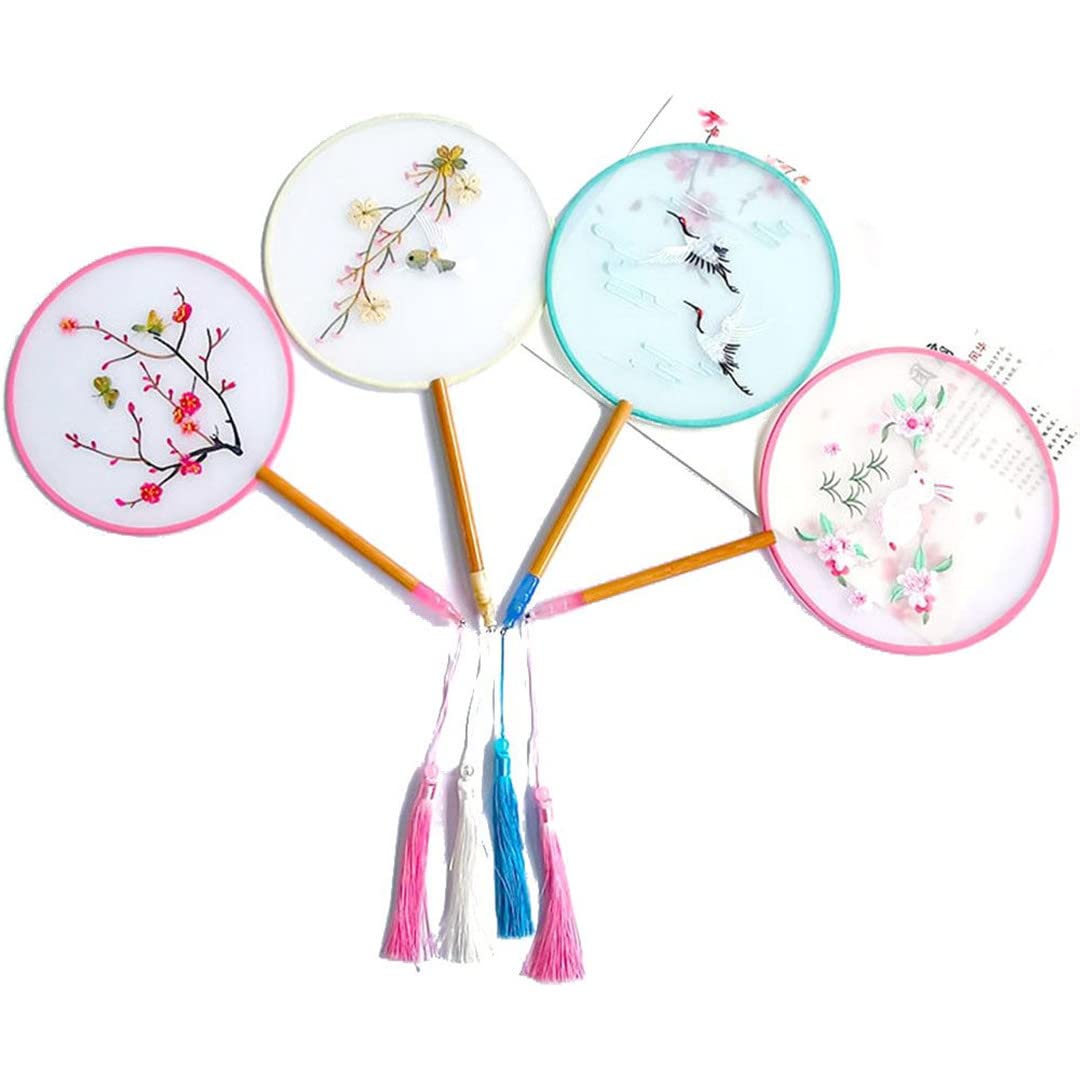 Women Dancing Embroidery Flower Handheld Wooden Handle Fan Vintage Translucent Chinese Style Round Silk Fans with Tassels