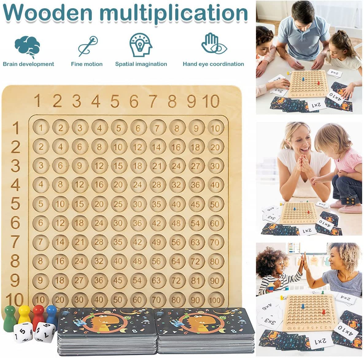 Wooden Math Multiplication Board Children Counting Toy Educational Multiplication Board Game Wooden Math Blocks Board for Toddlers Kids Over 3 Years Old