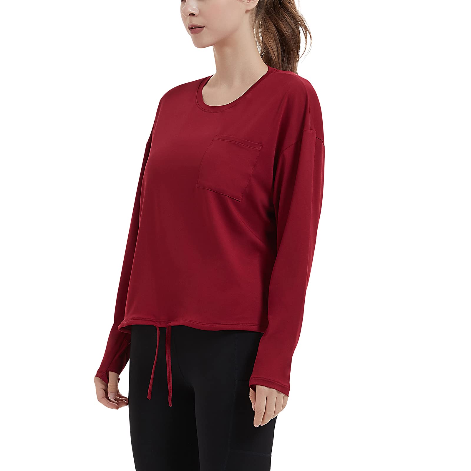 Women Long Sleeve Open Back Workout Yoga Shirts with Thumb Hole- Crew Neck Backless Athletic Loose Fit Gym Top Shirt Black