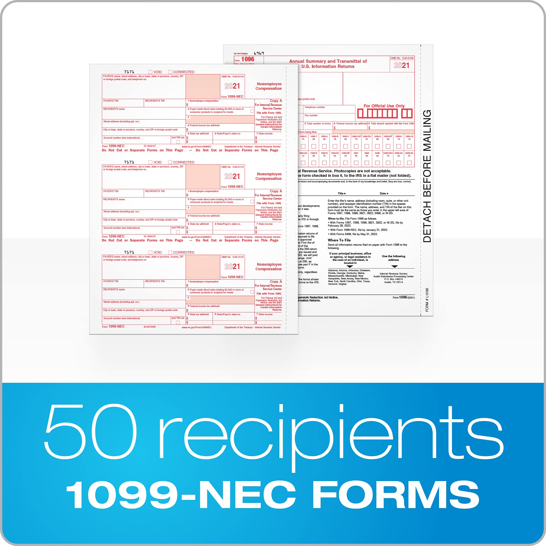 TOPS 1099 NEC 3 Up Forms 2021, 5 Part 1099 Forms, Laser/Inkjet Tax Form Sets for 50 Recipients, Includes 3 1096 Forms, 50 Pack (TX22993-NEC21)