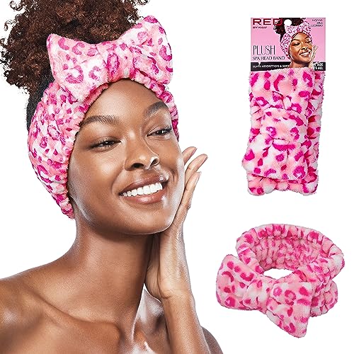 Red by Kiss Spa Headband for Washing Face Facial Makeup Bow Head Band Soft Plush Fleece Stretchy Head Wraps for Women Shower Bath Washing Face Mask (PINK LEOPARD)