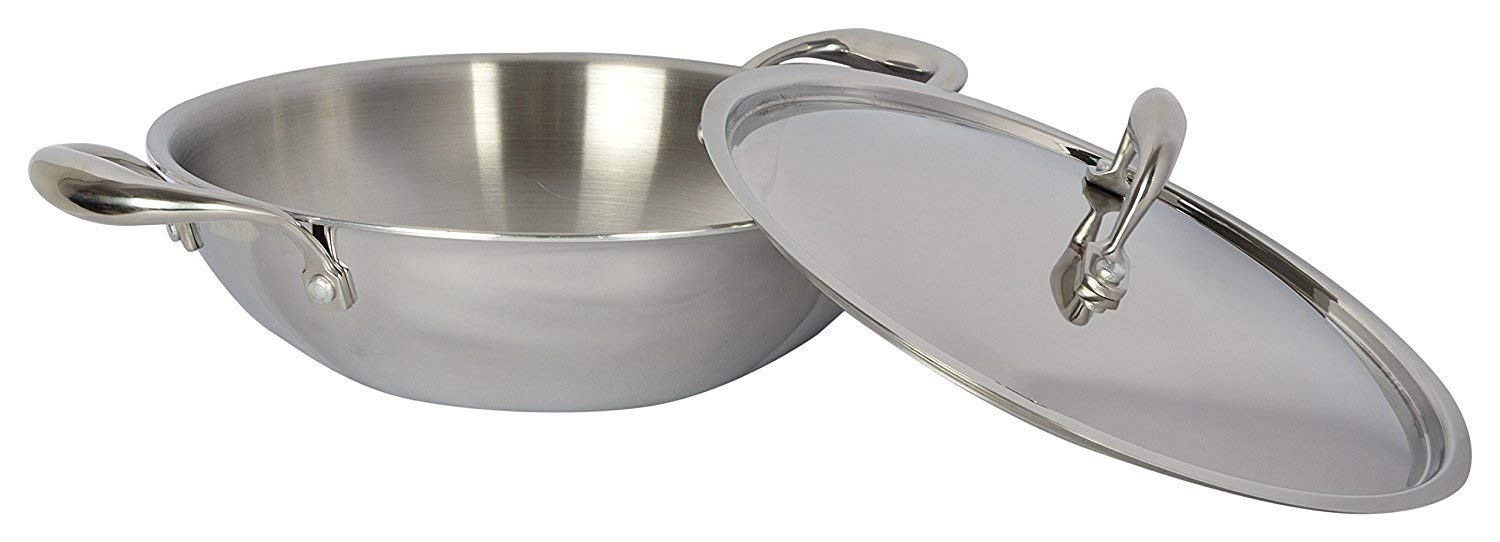 Vinod Cookware Food Grade 3.7 Litre Induction Friendly Platinum (TRI PLY) 18/8 Stainless Steel Kadai with Stainless Steel Lid (28cm, 3.7 Litre)