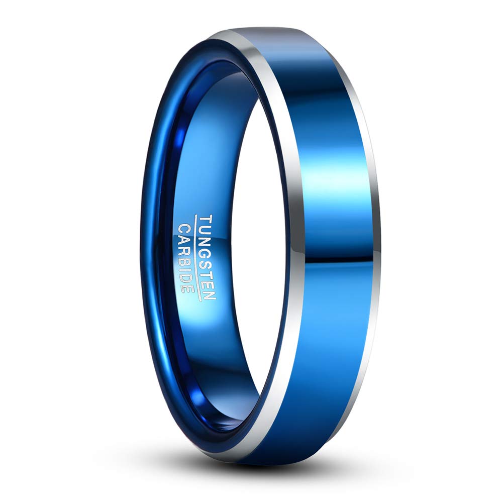 Vakki Blue Tungsten Ring for Men Women 5mm Silver Beveled Edge Engagement Band Size 10