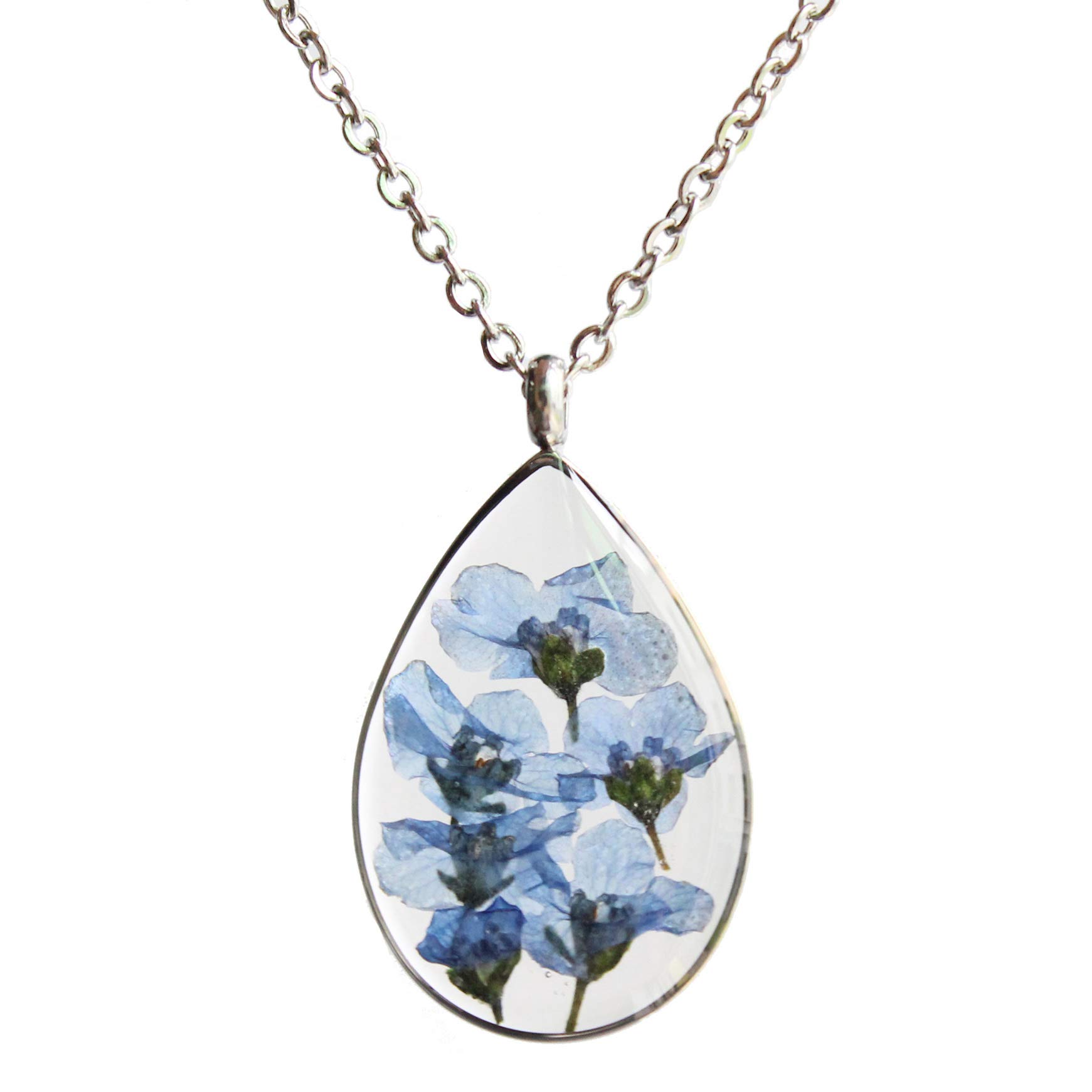 SI EASY Forget Me Not Pressed Flower Necklace, Blue Floral, Real Dried, Botanical Nature, Teardrop Modern Pendant, Girlfriend Gift, Mothers Day