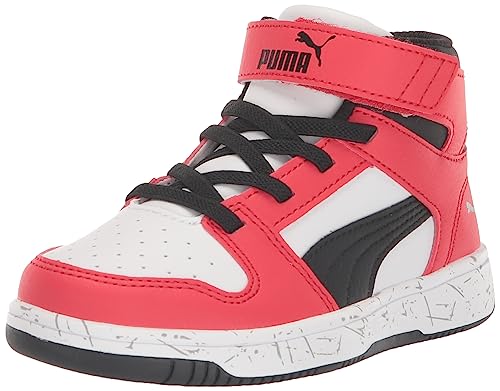 PUMA Rebound Layup Mid Sneaker, Scratch White Black-for All Time Red, 5 US Unisex Big Kid
