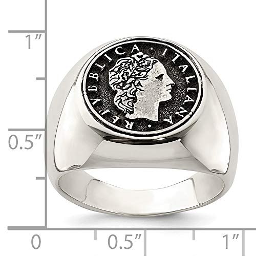 Sterling Silver Polished with Antiqued Replica 50 Lire Italian Coin Ring style QR6832-10