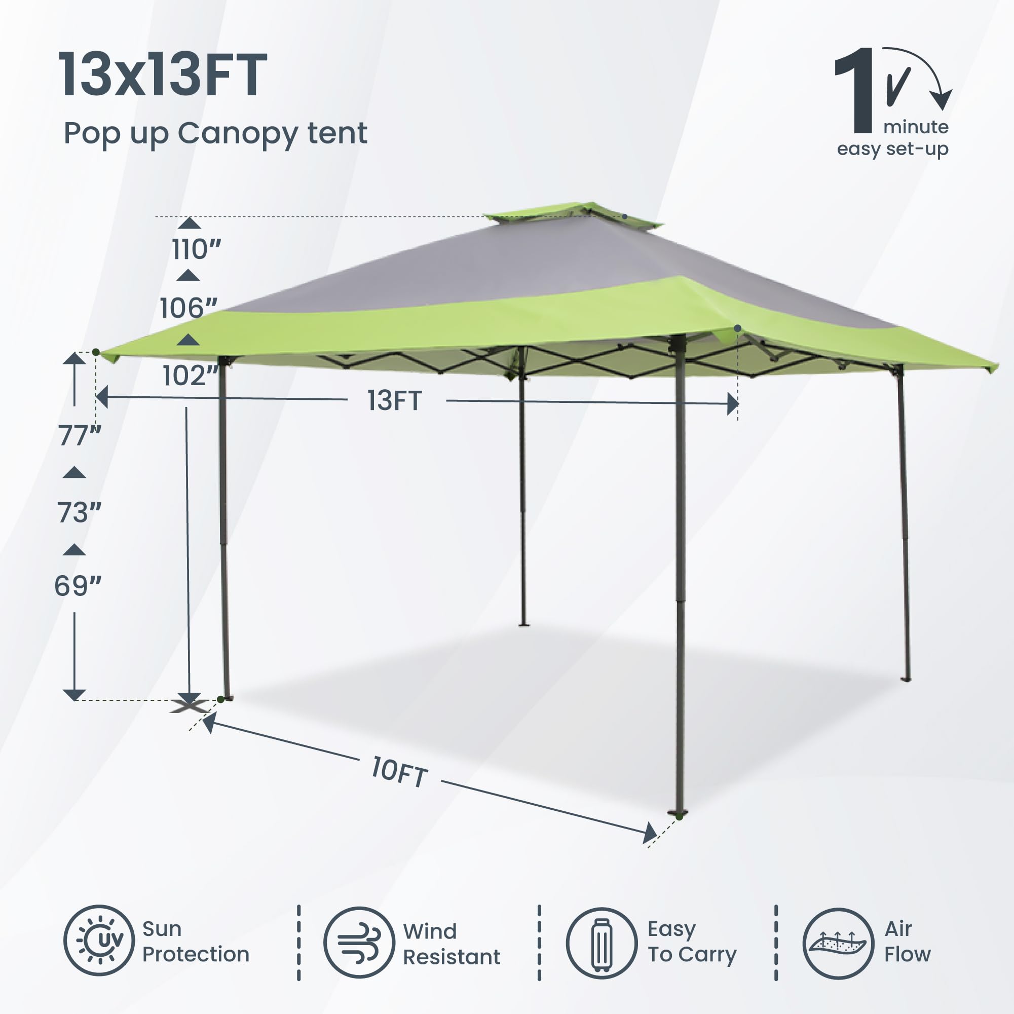 PHI VILLA Easy Set-up 13x13 Pop Up Canopy Gazebo Outdoor Tent Portable 169 sq.ft Sun Shade, Green